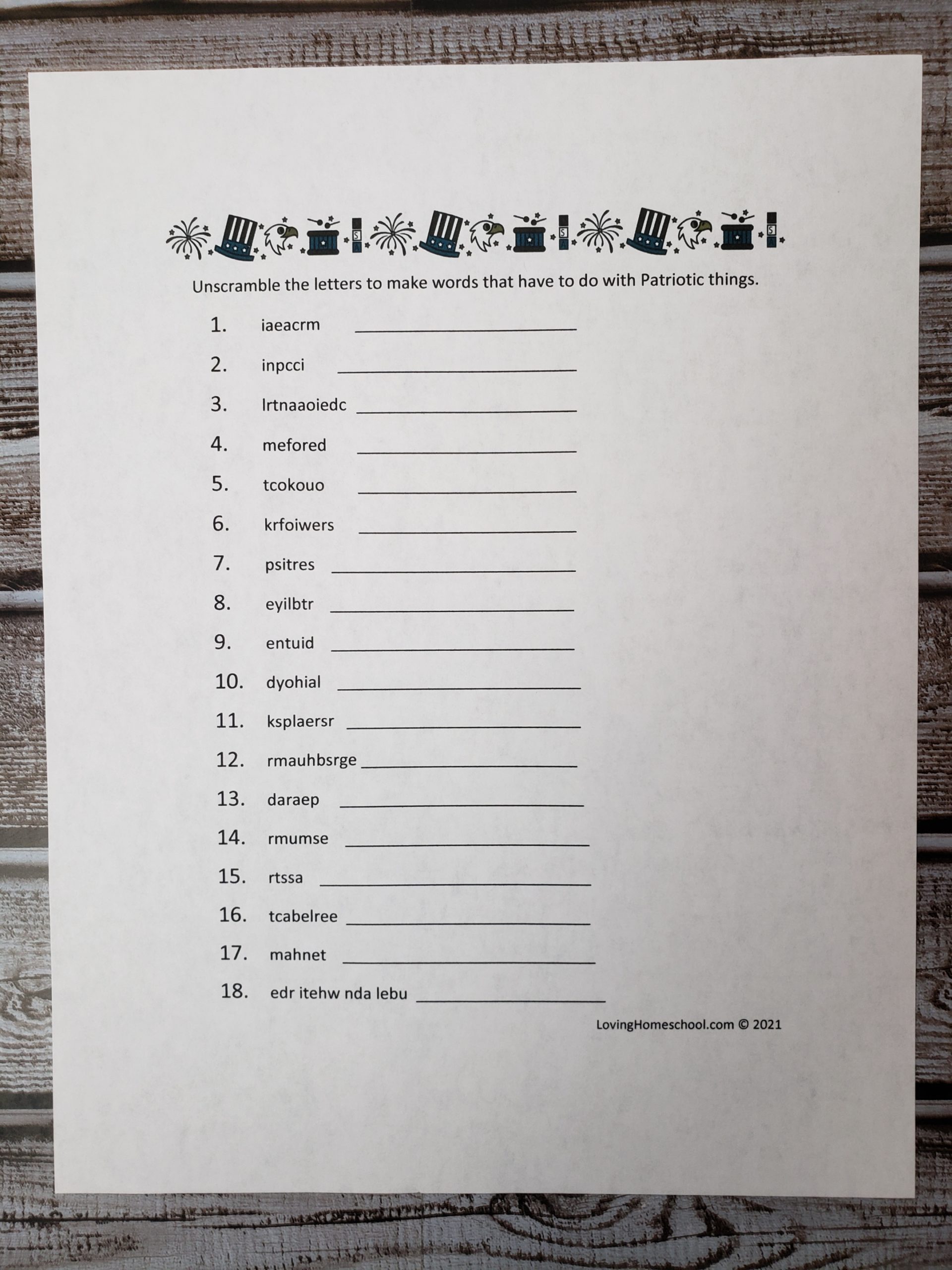 Patriotic Word Scramble - LovingHomeschool.com