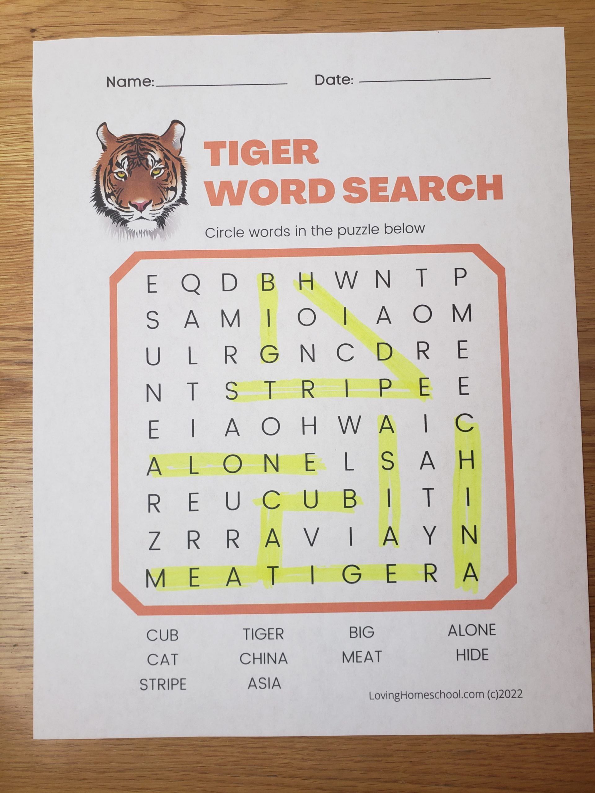 Tiger Word Search Printables - LovingHomeschool.com