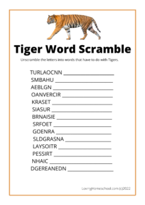 Tiger Word Scramble Printables - LovingHomeschool.com