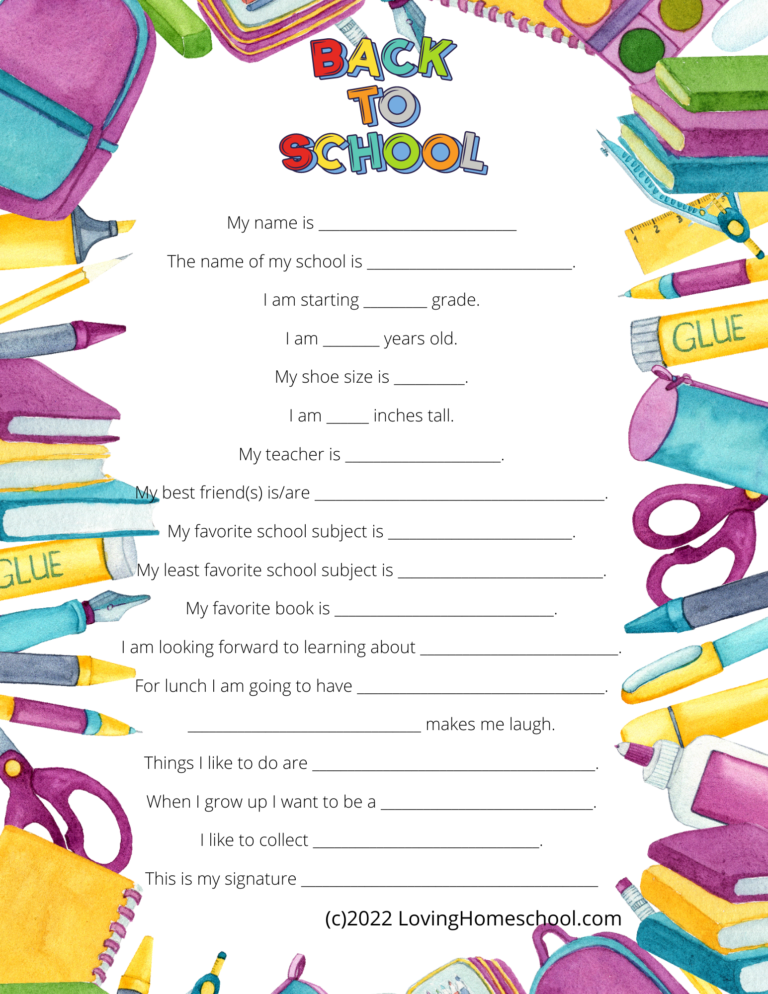 Back to School About Me Printable - LovingHomeschool.com