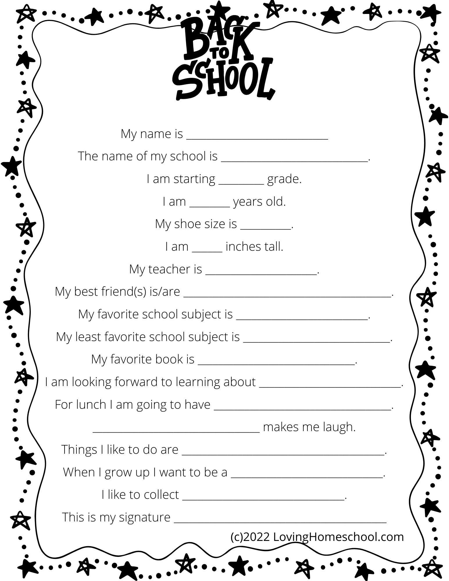 Back to School About Me Printable - LovingHomeschool.com