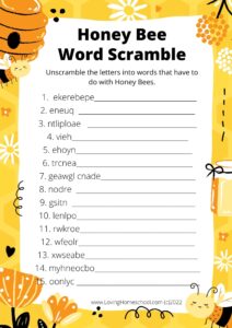 Honey Bee Word Scramble Printables - LovingHomeschool.com