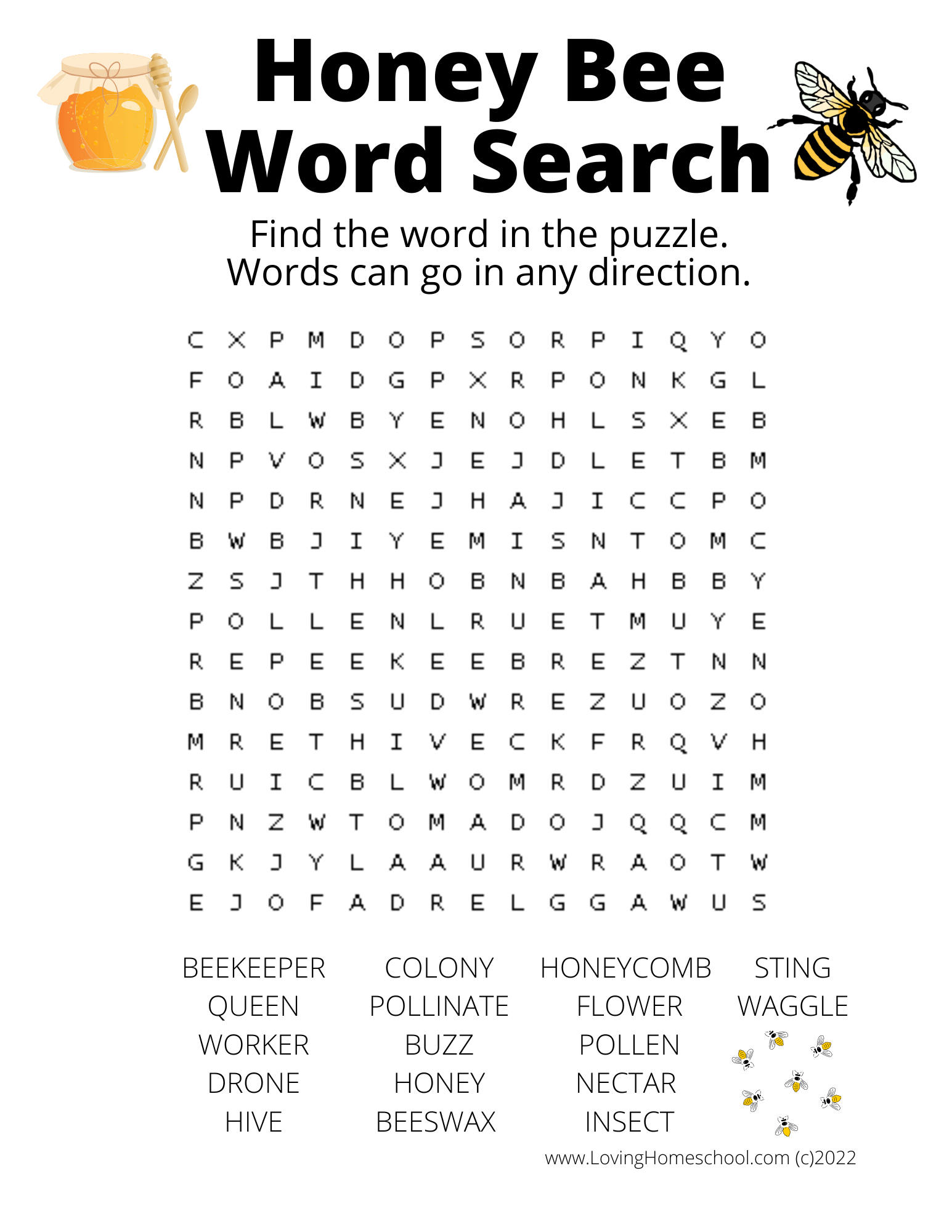 Honey Bee Word Search Printables - LovingHomeschool.com