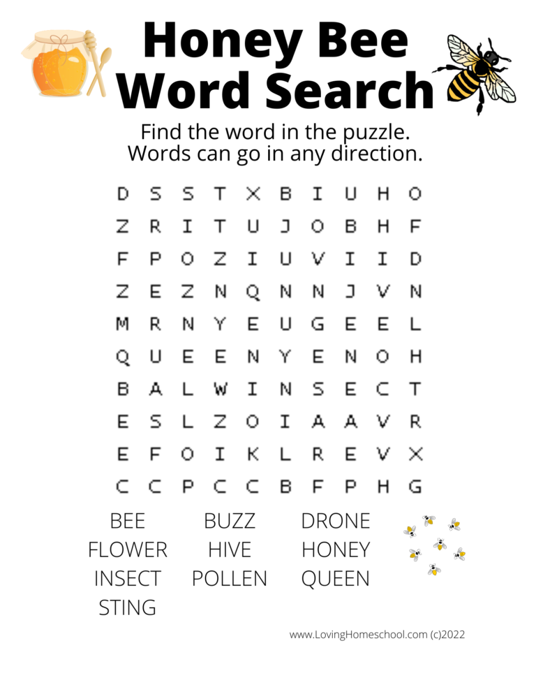 Honey Bee Word Search Printables - LovingHomeschool.com