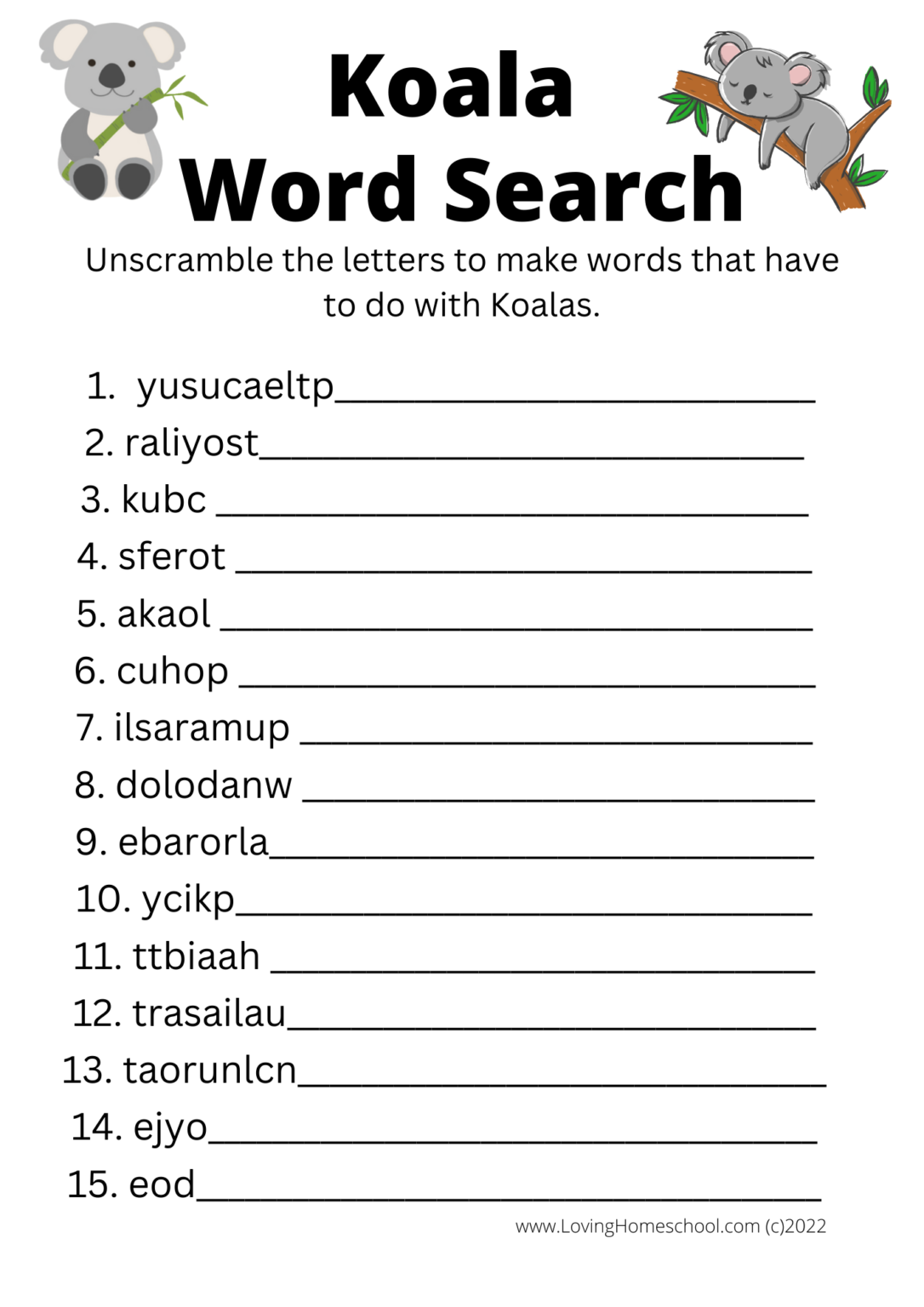 Koala Word Scramble Printables - LovingHomeschool.com