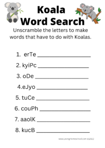 Koala Word Scramble Printables - LovingHomeschool.com