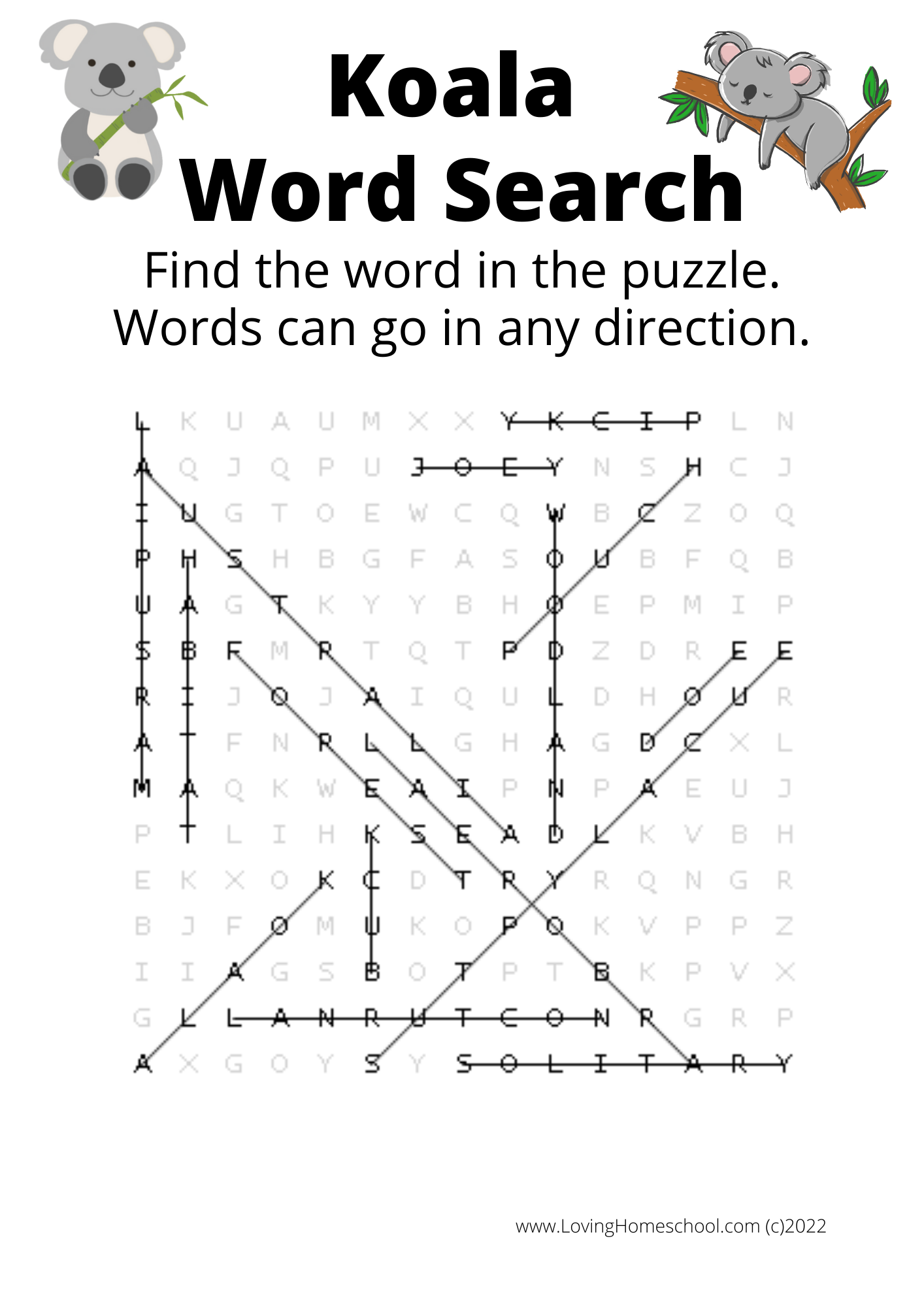 Koala Word Search Printables - LovingHomeschool.com