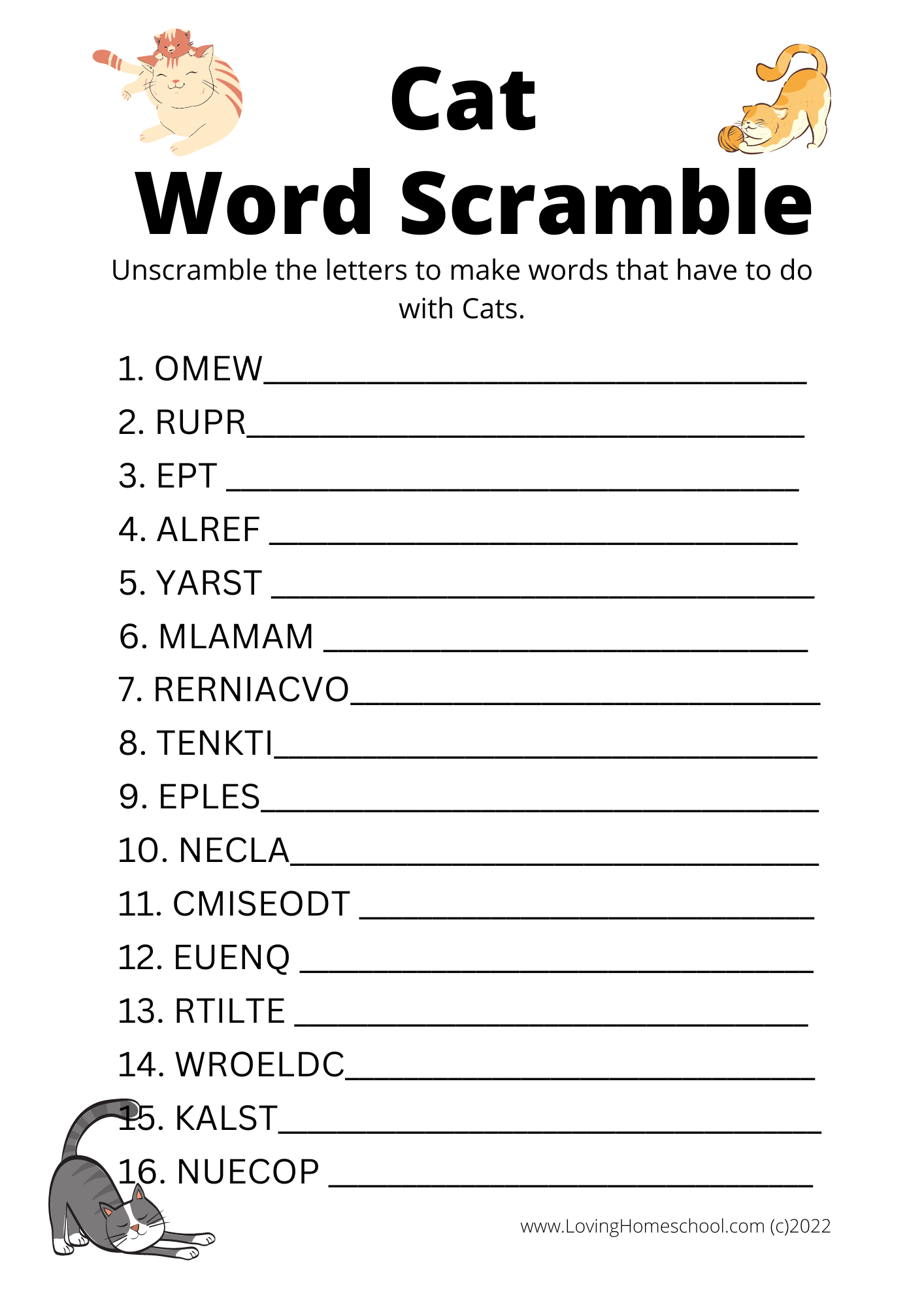 Cat Word Scramble Printables - LovingHomeschool.com