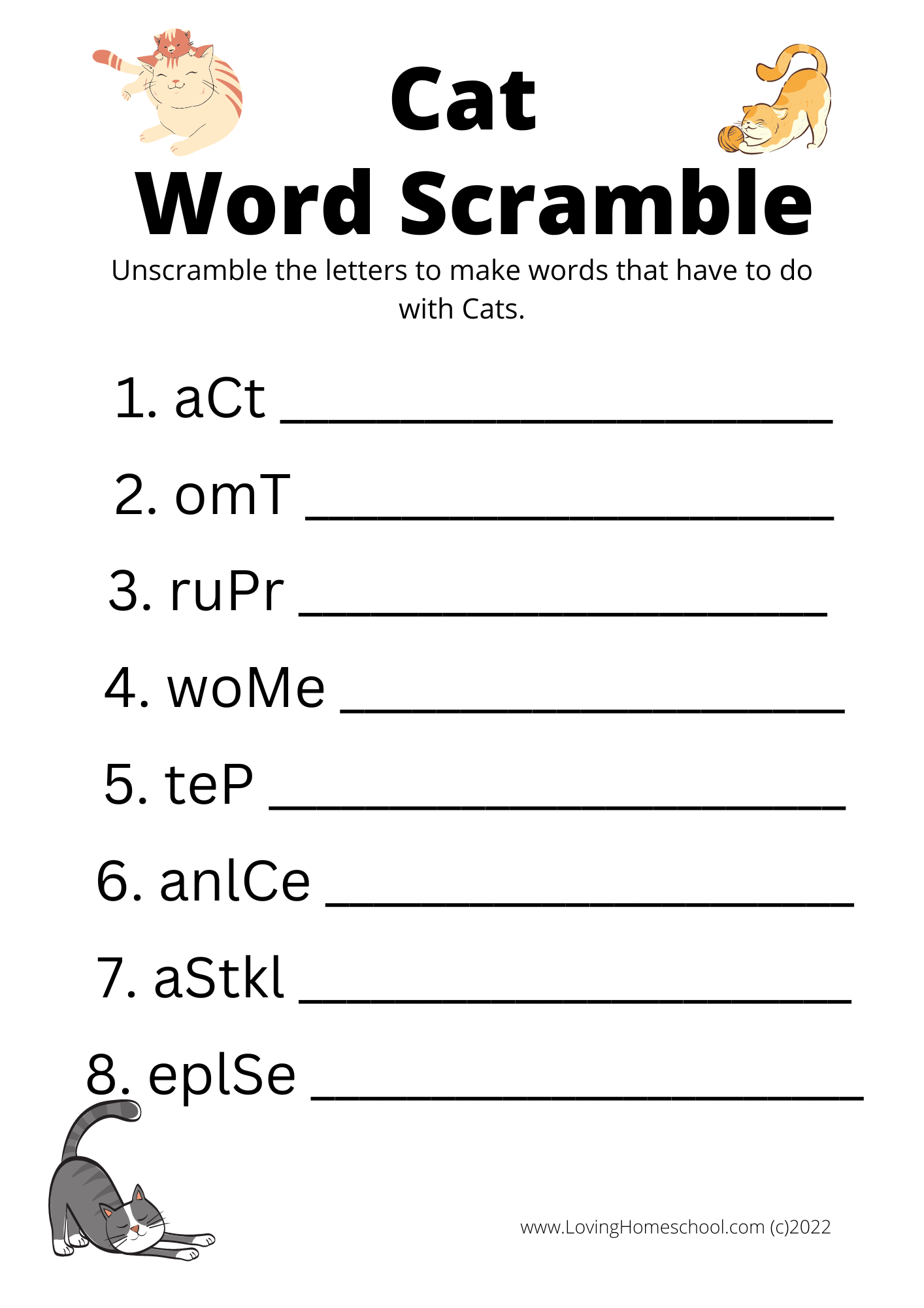 Cat Word Scramble Printables - LovingHomeschool.com