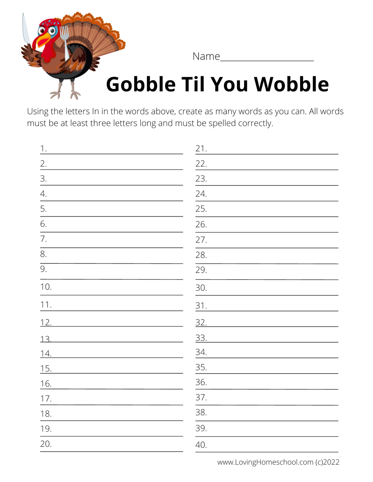Free Thanksgiving How Many Words Printables - LovingHomeschool.com