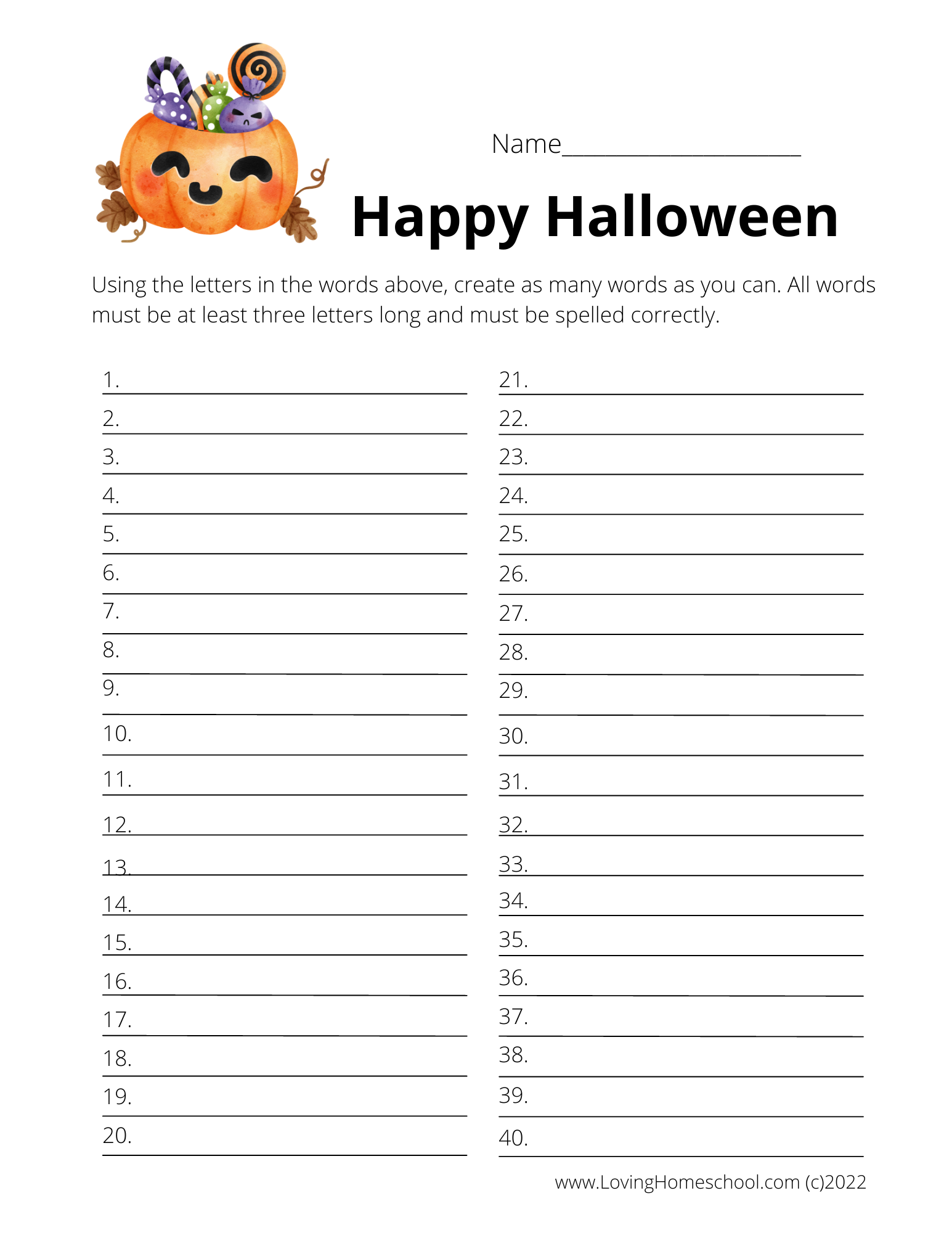 Halloween How Many Words Printables - LovingHomeschool.com