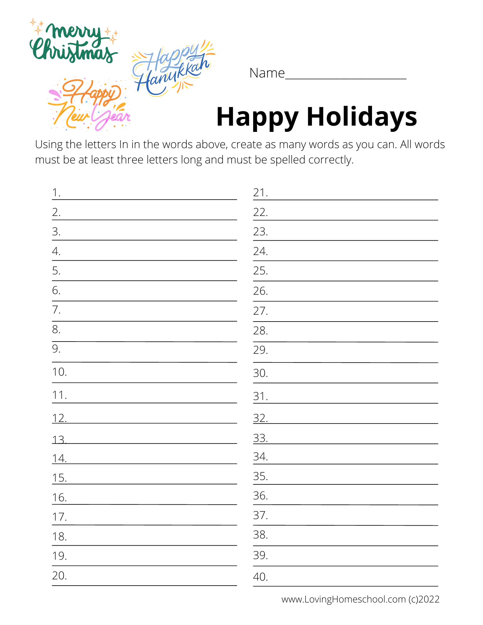 Free Christmas How Many Words Printables - LovingHomeschool.com
