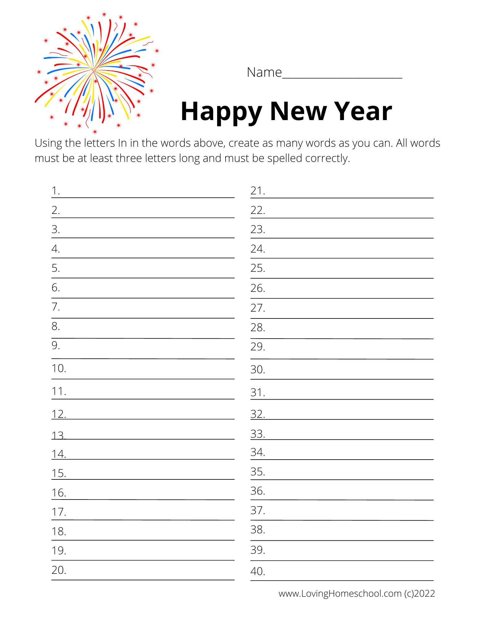 Free New Year How Many Words Printables - LovingHomeschool.com