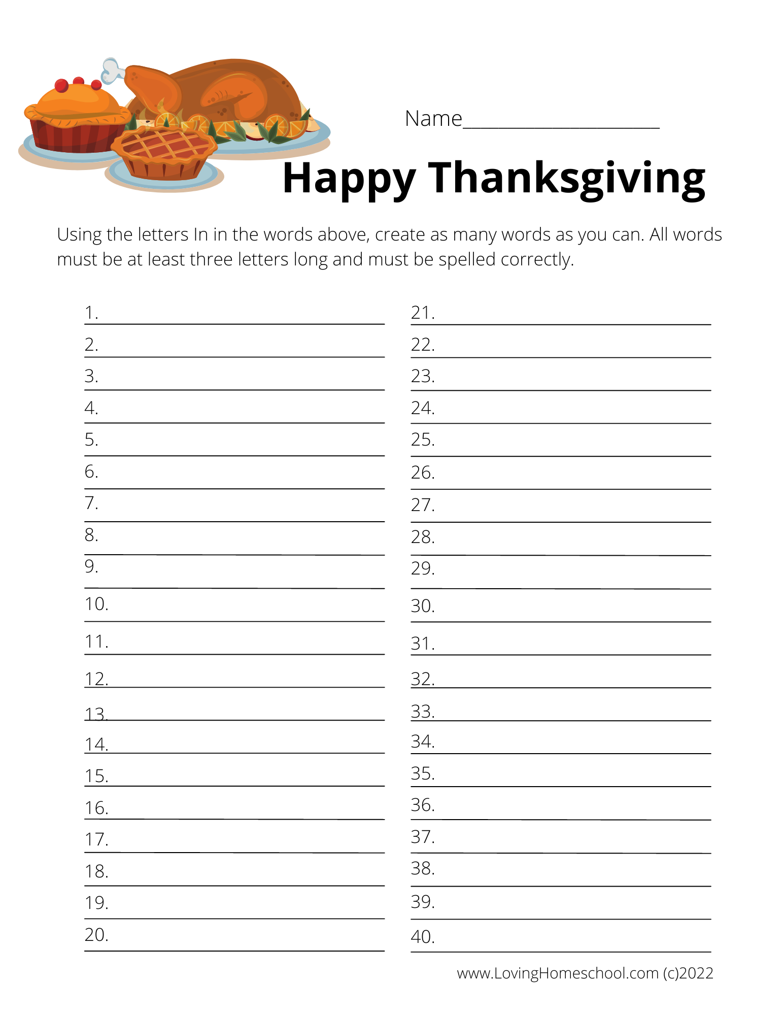 Free Thanksgiving How Many Words Printables - LovingHomeschool.com