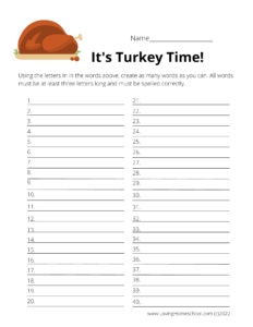 Free Thanksgiving How Many Words Printables - LovingHomeschool.com