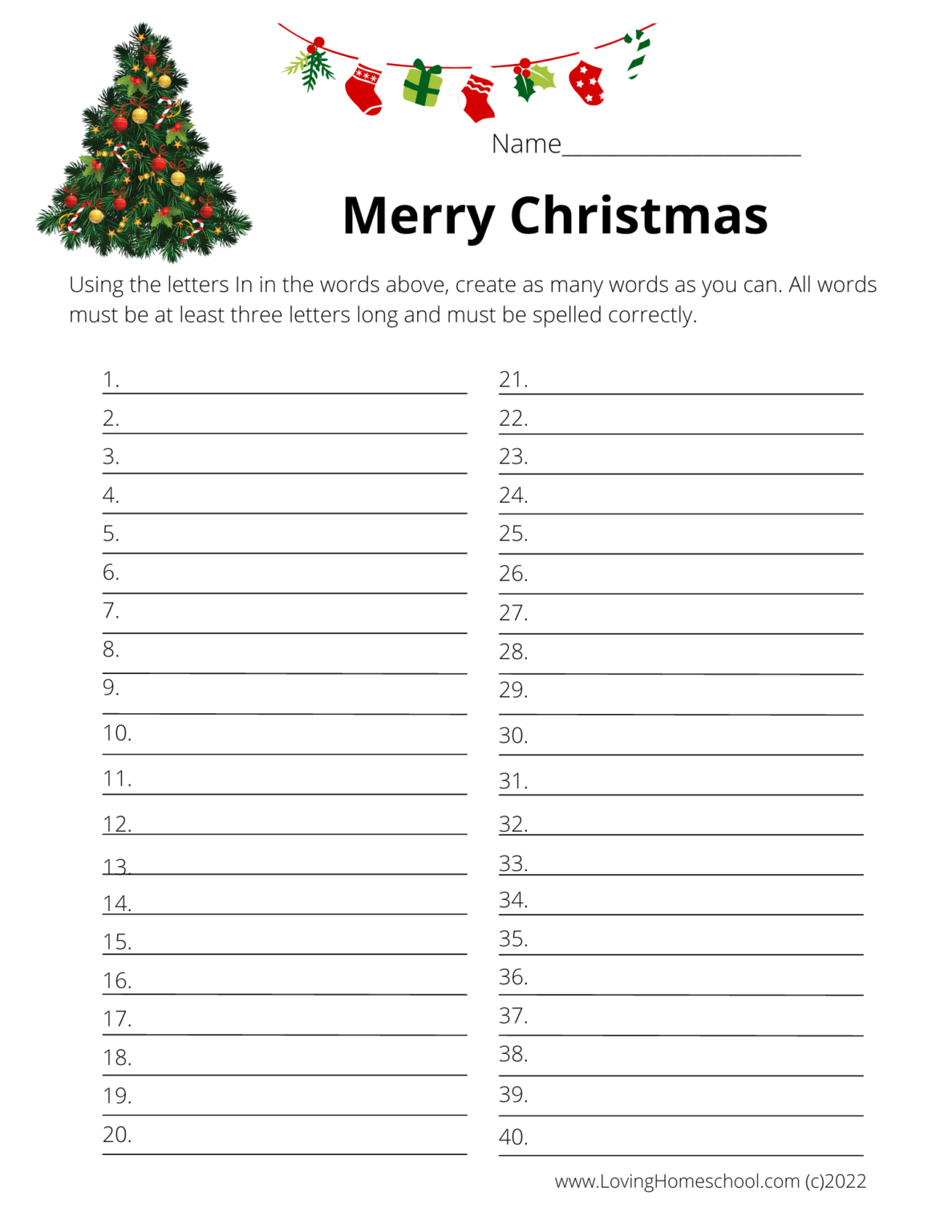 Free Christmas How Many Words Printables - LovingHomeschool.com