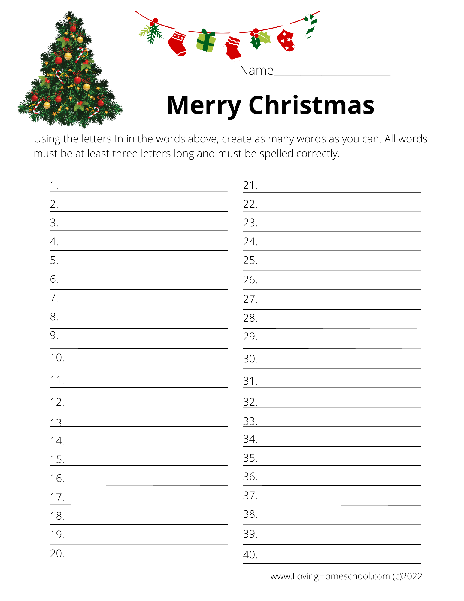 Free Christmas How Many Words Printables - LovingHomeschool.com
