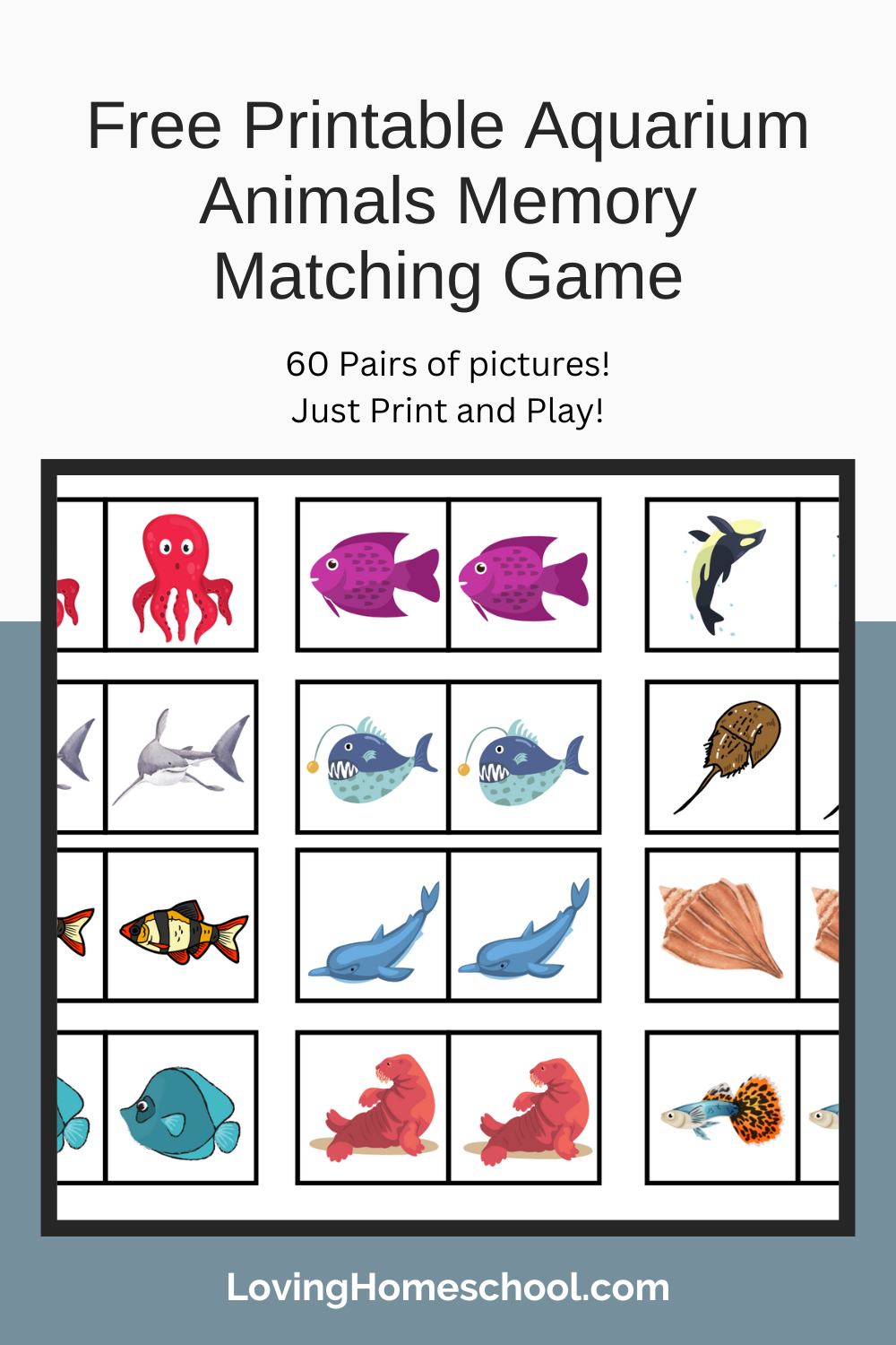 Free Printable Aquarium Animals Memory Matching Game - LovingHomeschool.com