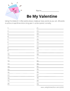 Free Valentine’s Day How Many Words Printables - LovingHomeschool.com
