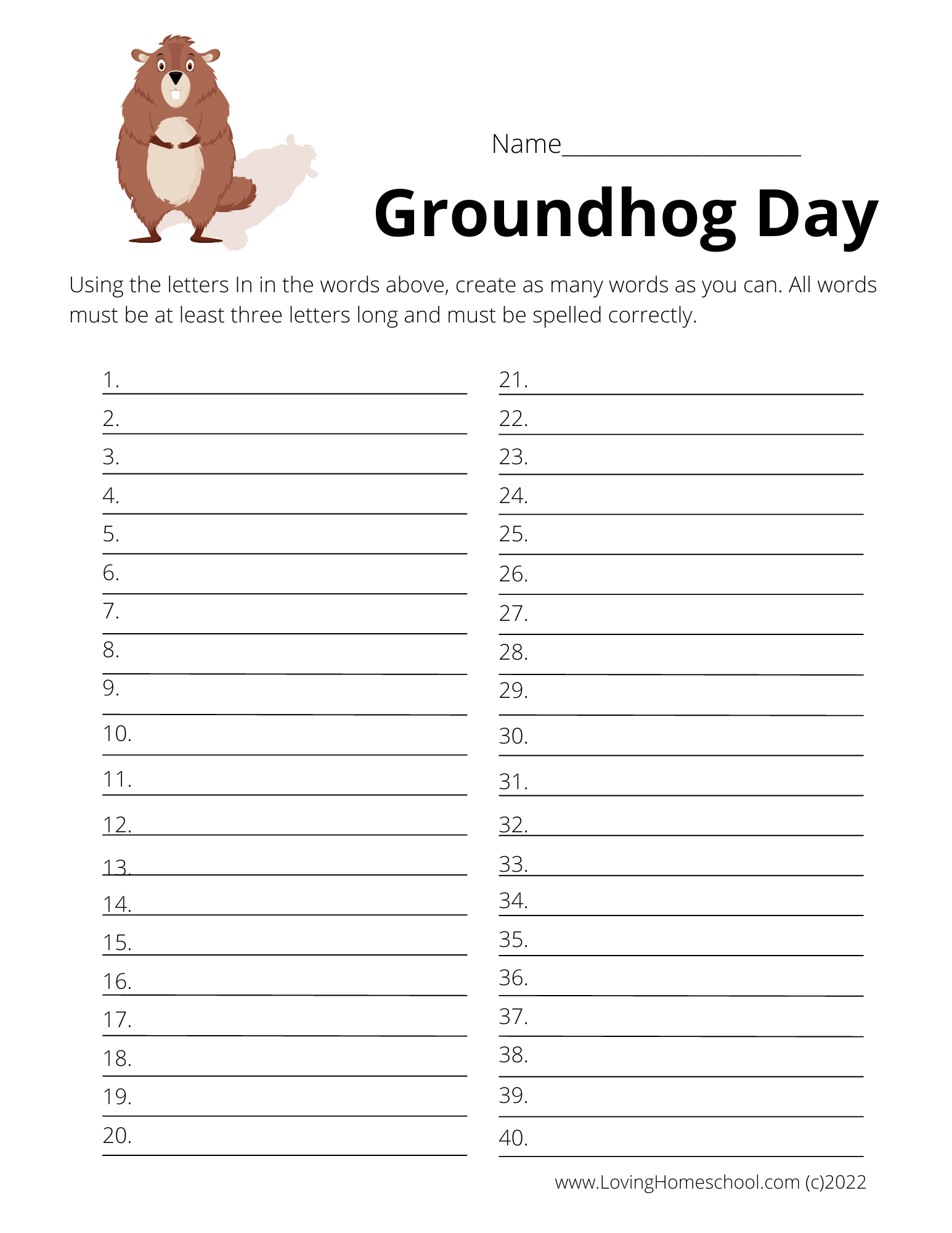 Free Groundhog Day How Many Words Printables - LovingHomeschool.com