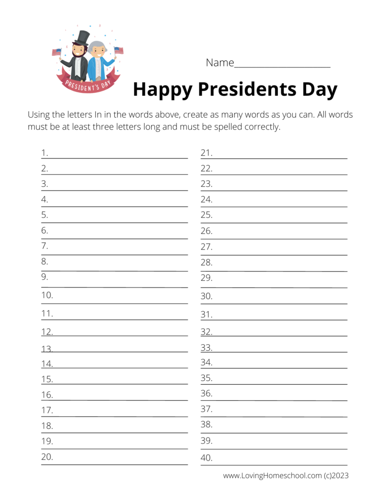 Free Presidents Day How Many Words Printables - LovingHomeschool.com
