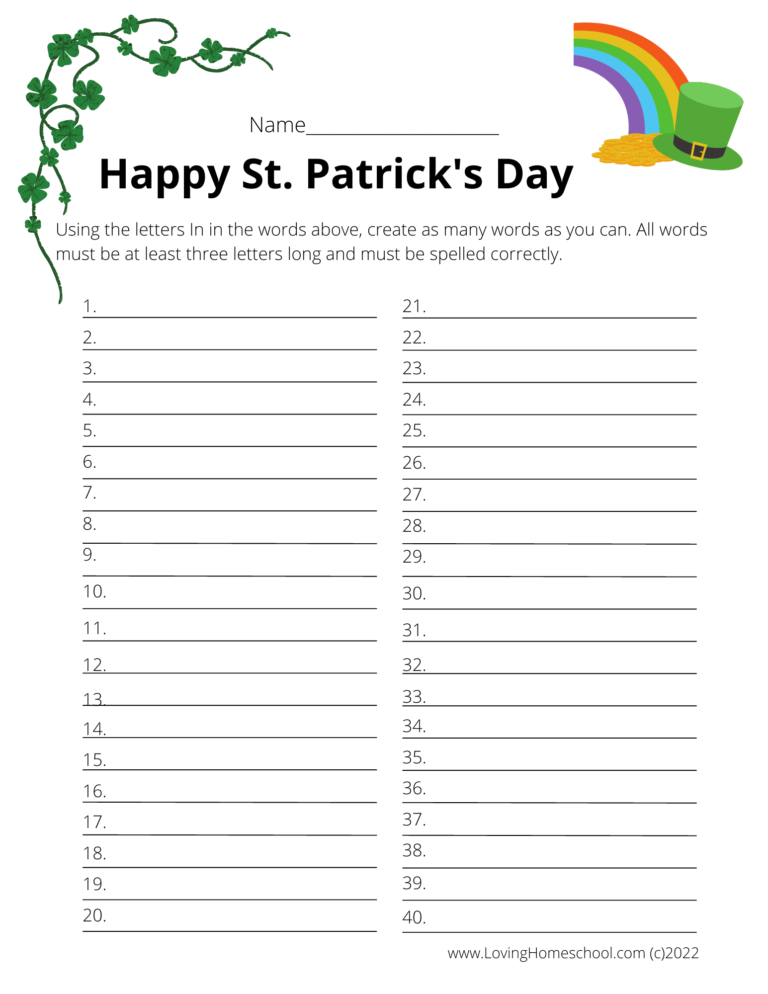 Free St. Patrick’s Day How Many Words Printables - LovingHomeschool.com