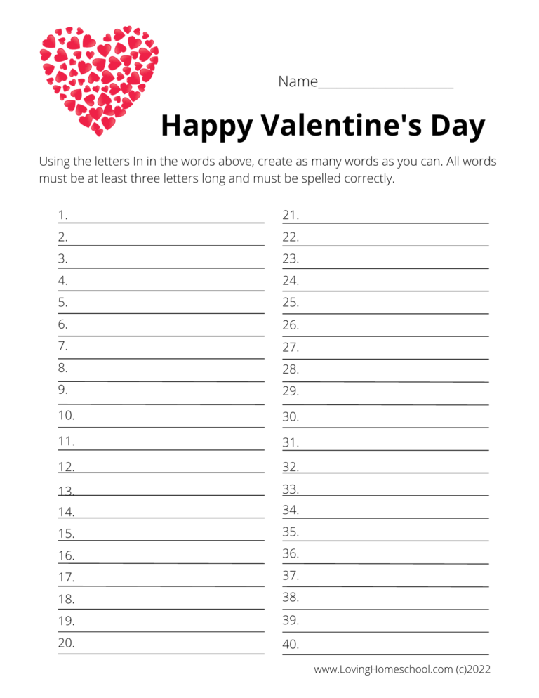 Free Valentine’s Day How Many Words Printables - LovingHomeschool.com