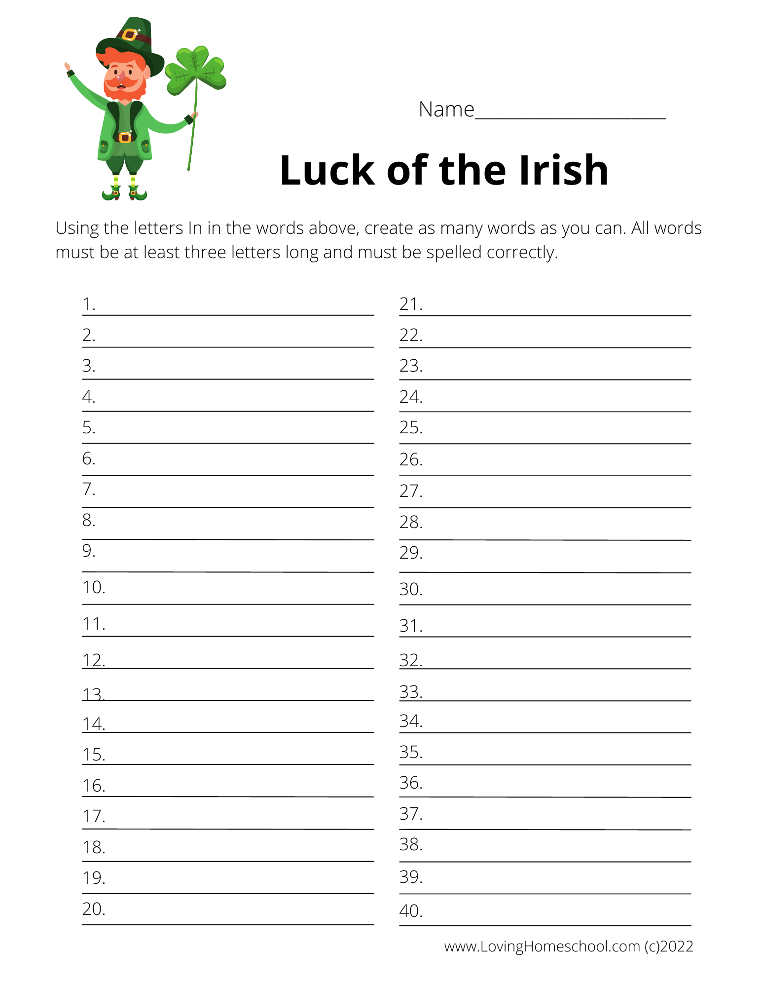 Free St. Patrick’s Day How Many Words Printables - LovingHomeschool.com