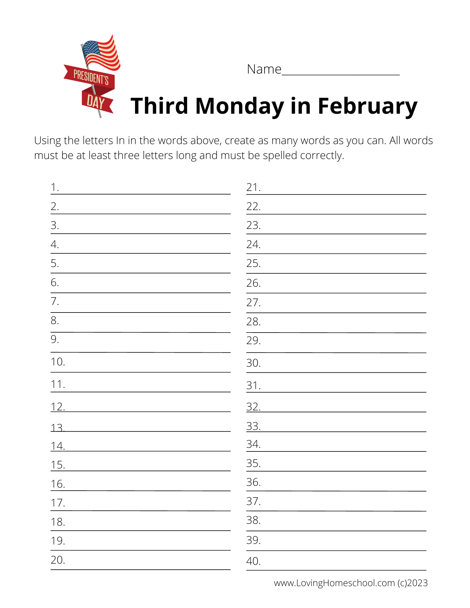 Free Presidents Day How Many Words Printables - LovingHomeschool.com
