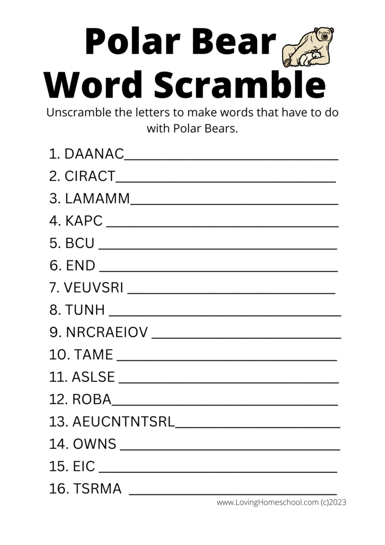 Polar Bear Word Scramble Printables - LovingHomeschool.com