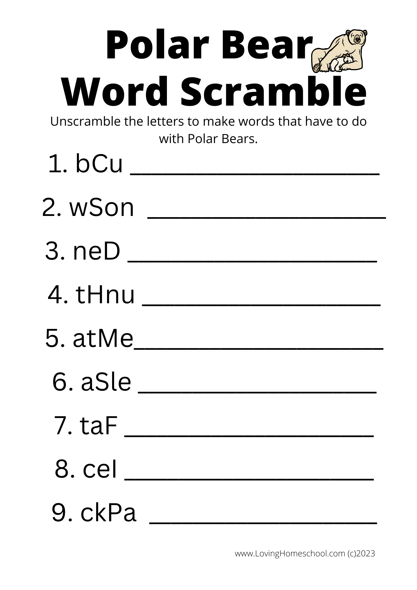 Polar Bear Word Scramble Printables - LovingHomeschool.com