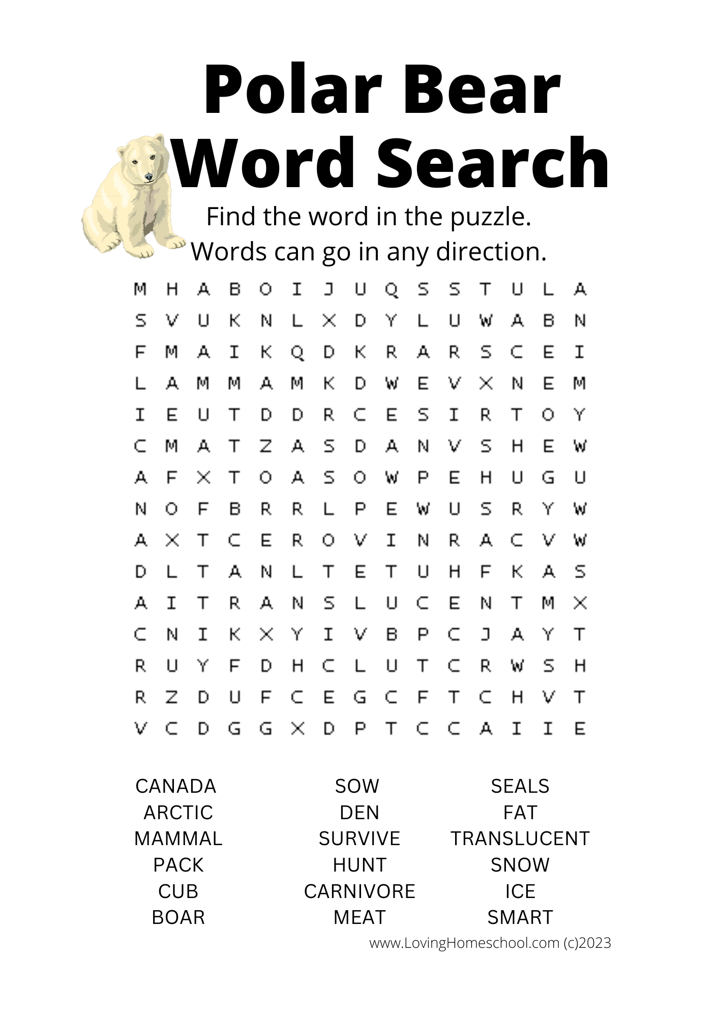 Polar Bear Word Search Printables - LovingHomeschool.com