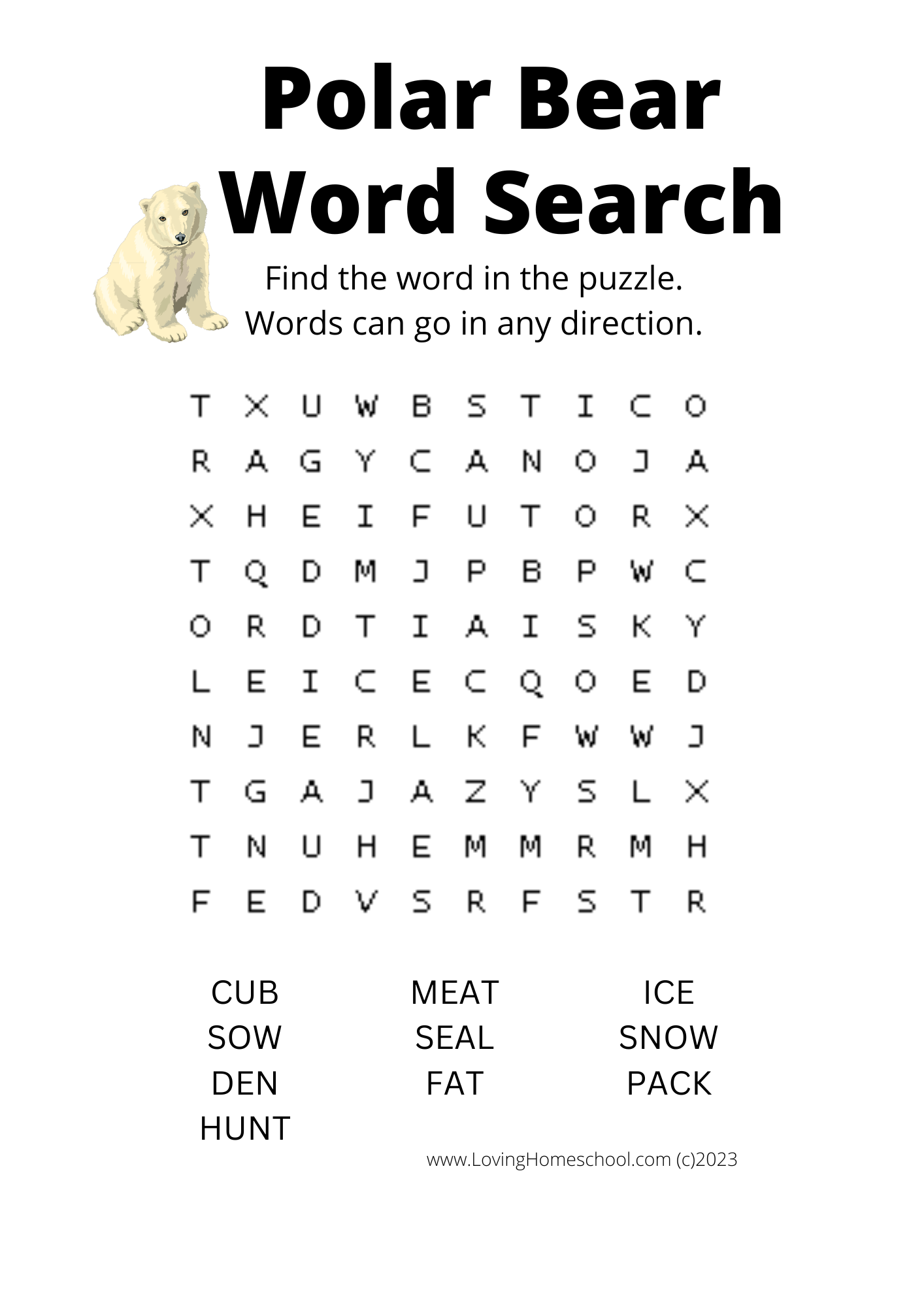 Polar Bear Word Search Printables - LovingHomeschool.com