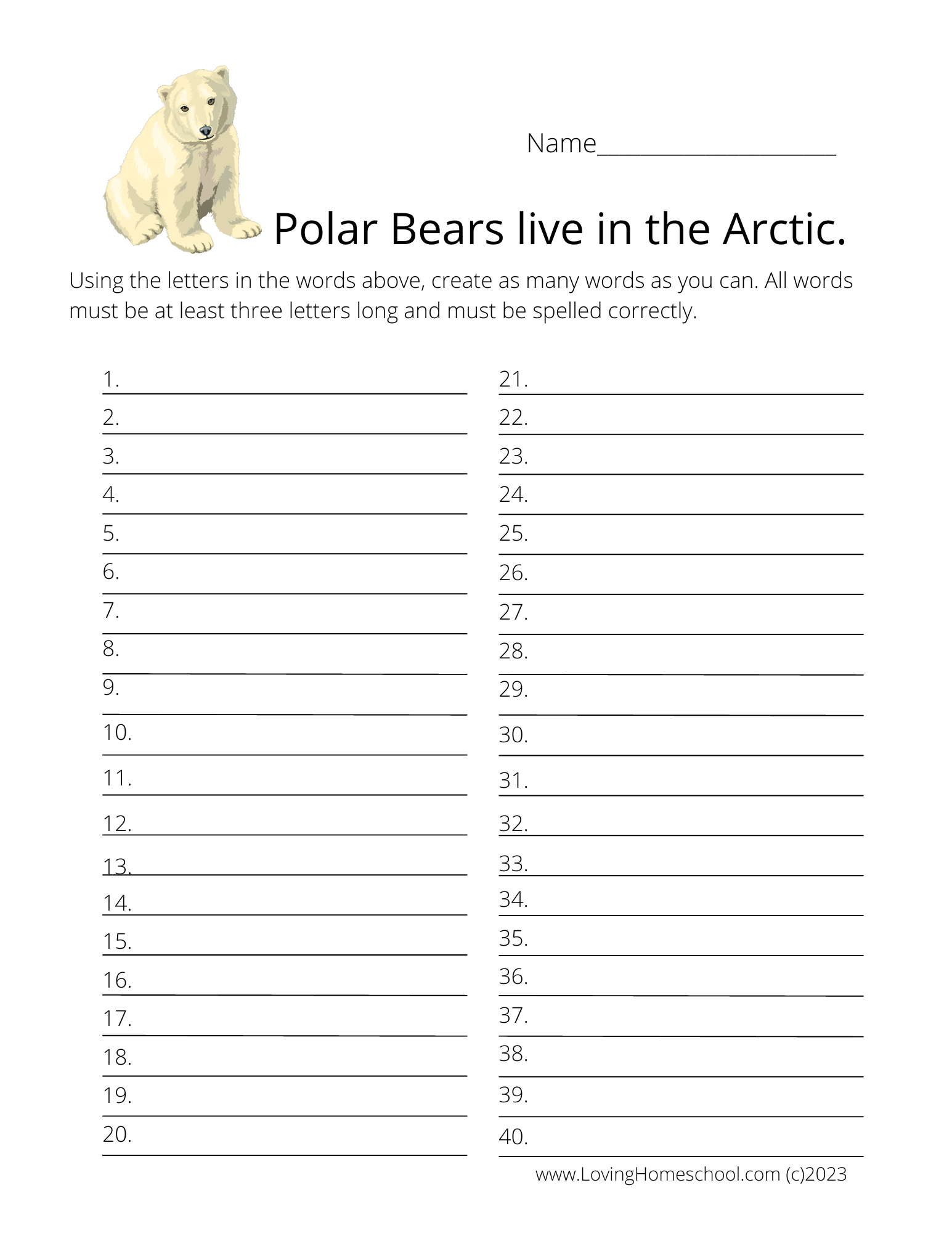 Free Polar Bear How Many Words Printables - LovingHomeschool.com