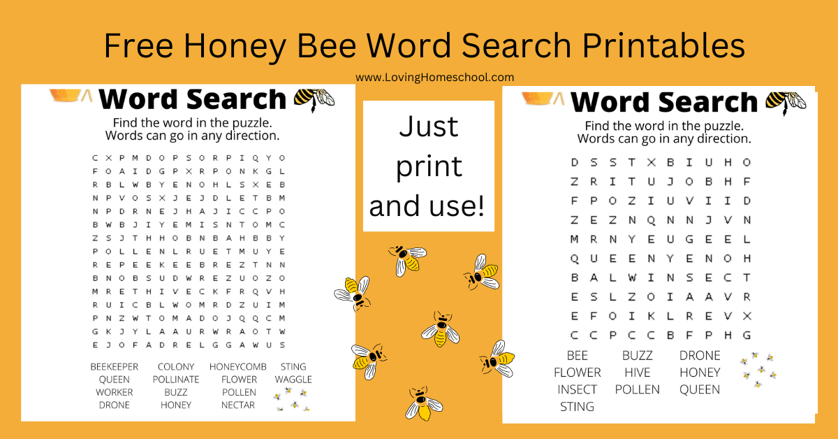 Honey Bee Word Search Printables - LovingHomeschool.com