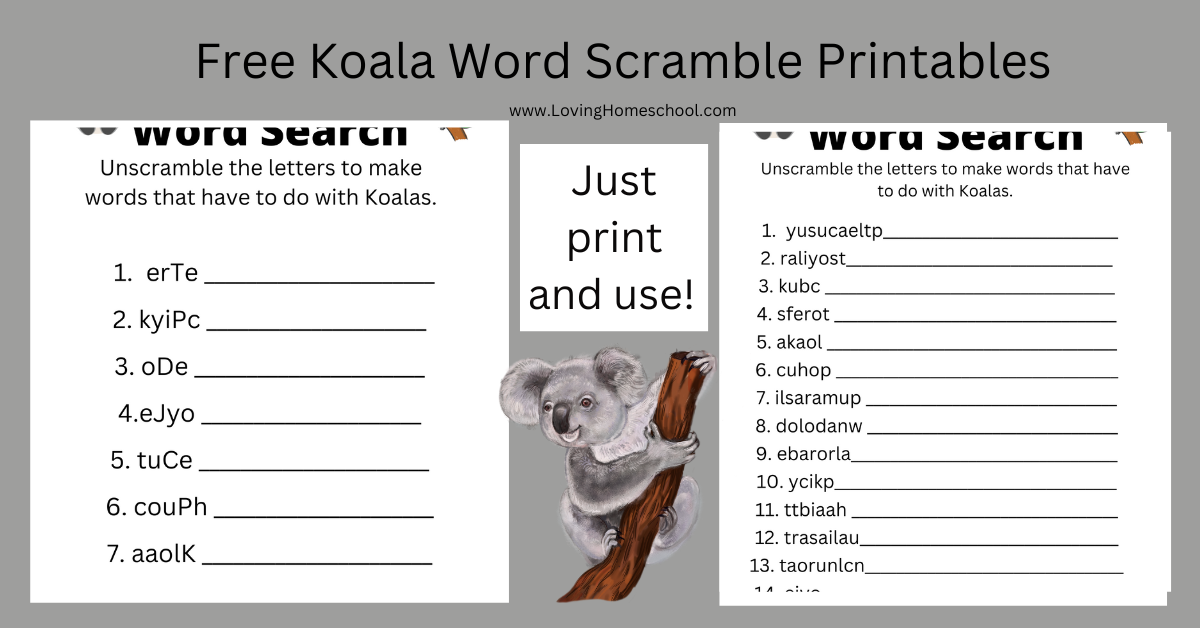 Koala Word Scramble Printables - LovingHomeschool.com