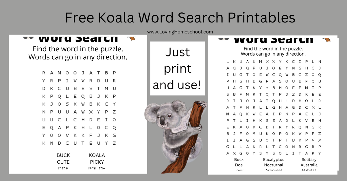 Koala Word Search Printables - LovingHomeschool.com