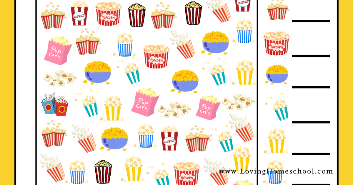 Popcorn I Spy Printable - LovingHomeschool.com