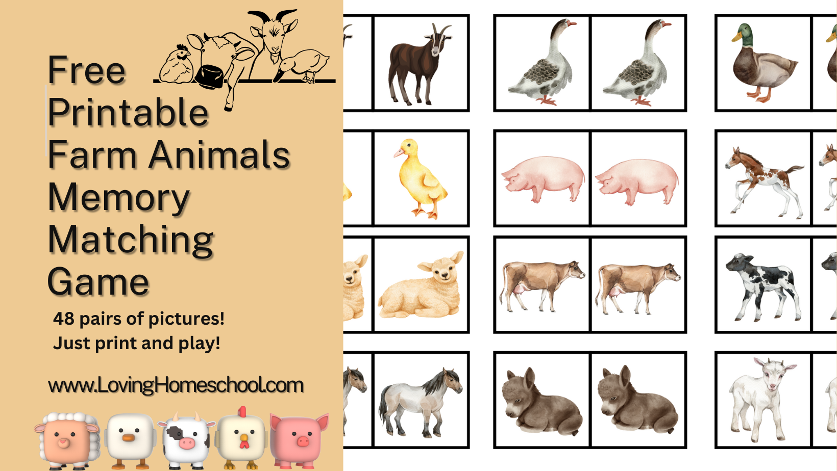 Free Printable Farm Animals Memory Matching Game - LovingHomeschool.com
