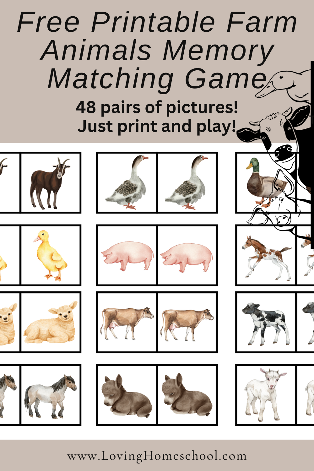 Free Printable Farm Animals Memory Matching Game - LovingHomeschool.com