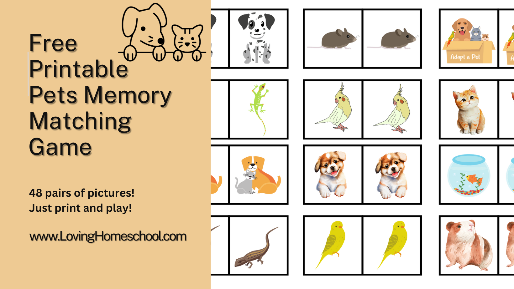 Free Printable Pets Memory Matching Game - LovingHomeschool.com