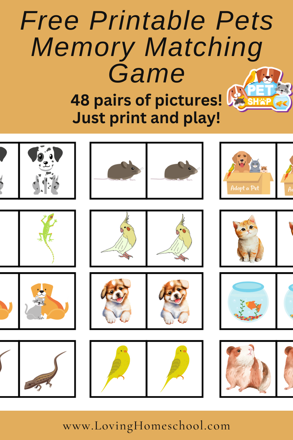 Free Printable Pets Memory Matching Game - LovingHomeschool.com