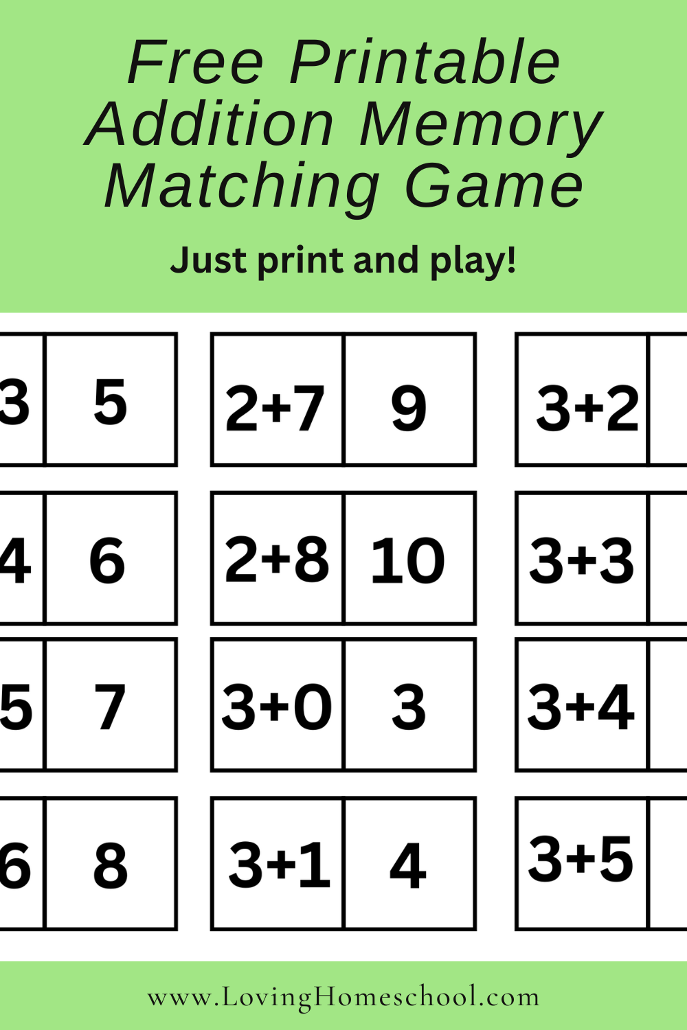 Free Printable Addition Memory Matching Game - LovingHomeschool.com