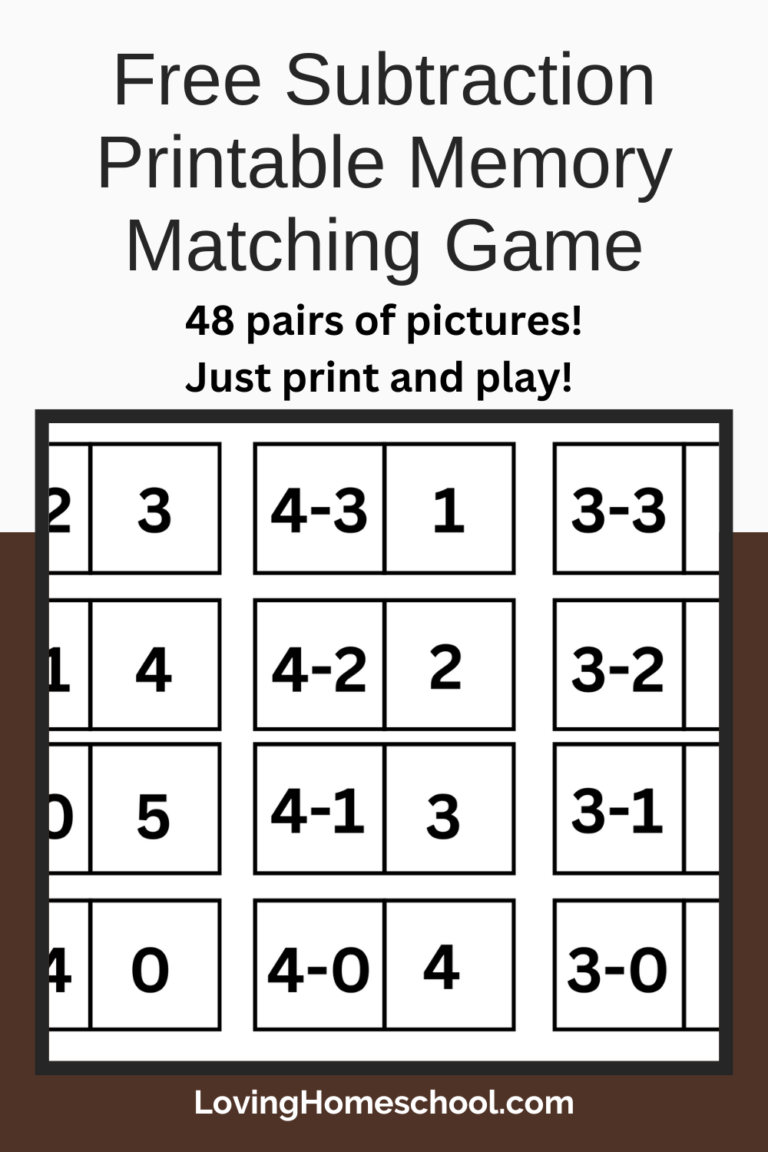 Free Printable Subtraction Memory Matching Game - LovingHomeschool.com
