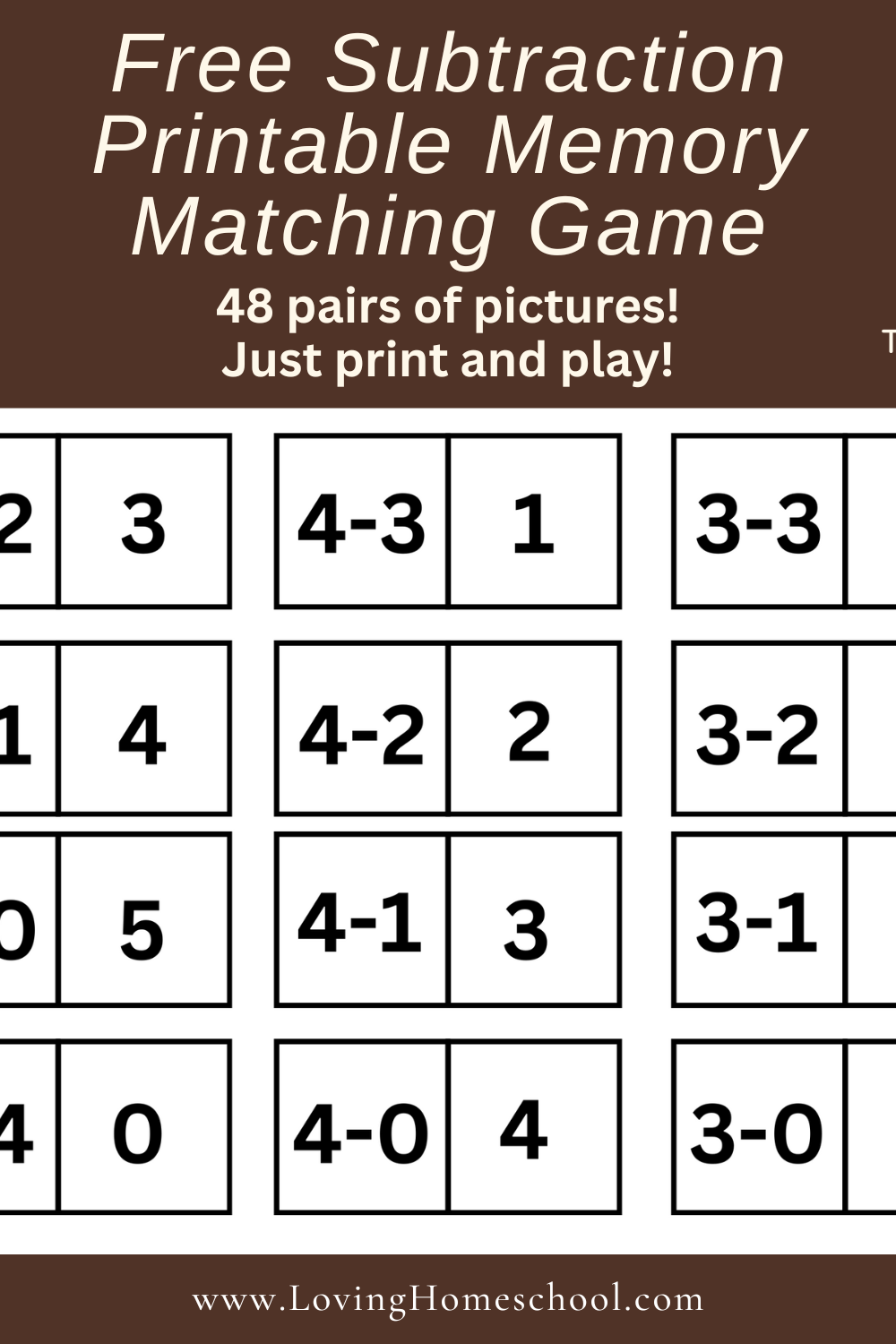 Free Printable Subtraction Memory Matching Game - LovingHomeschool.com