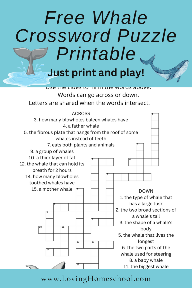 Free Whale Crossword Puzzle - LovingHomeschool.com