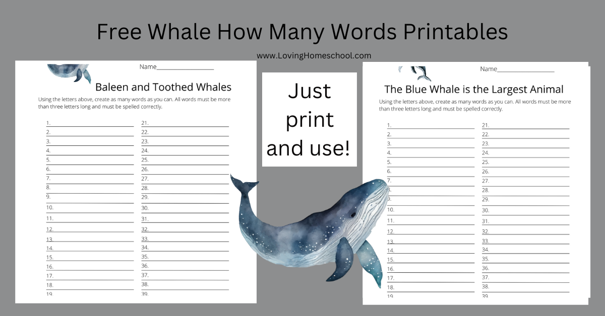 Free Whale How Many Words Printables - LovingHomeschool.com