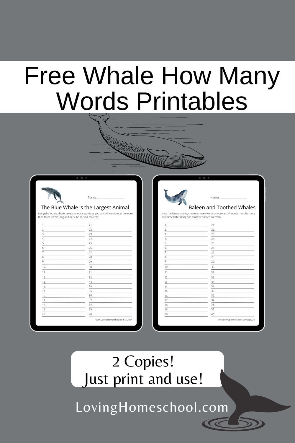 Free Whale How Many Words Printables - LovingHomeschool.com