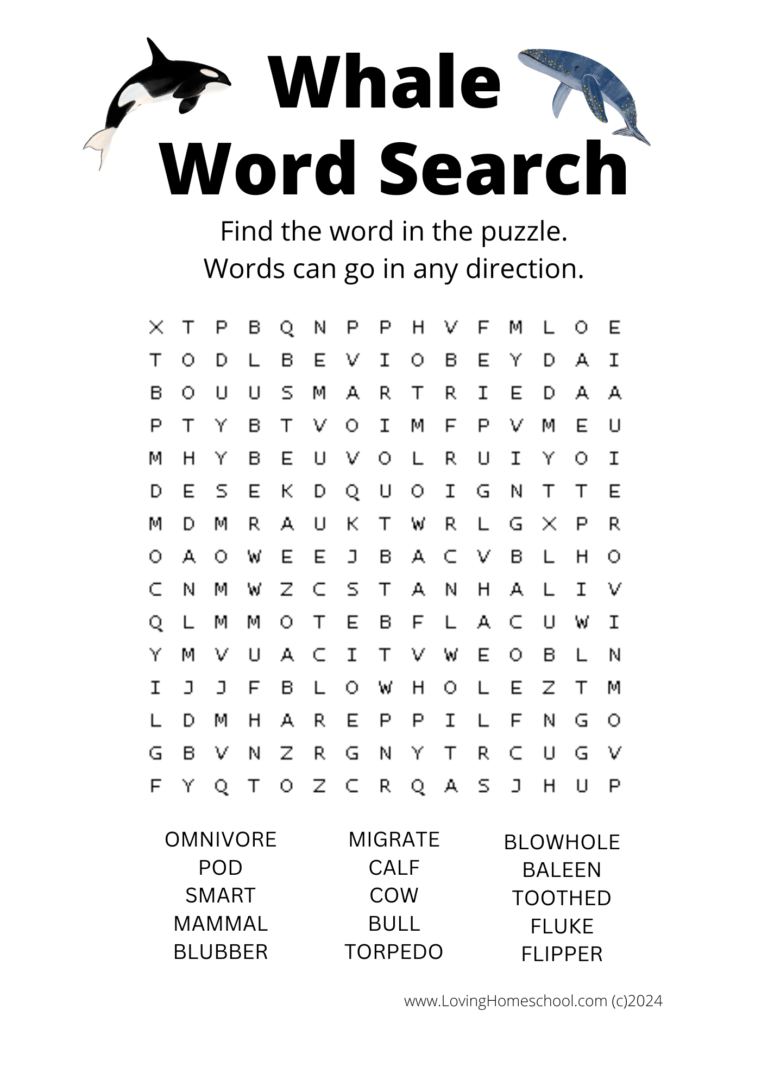 Whale Word Search Printables - LovingHomeschool.com