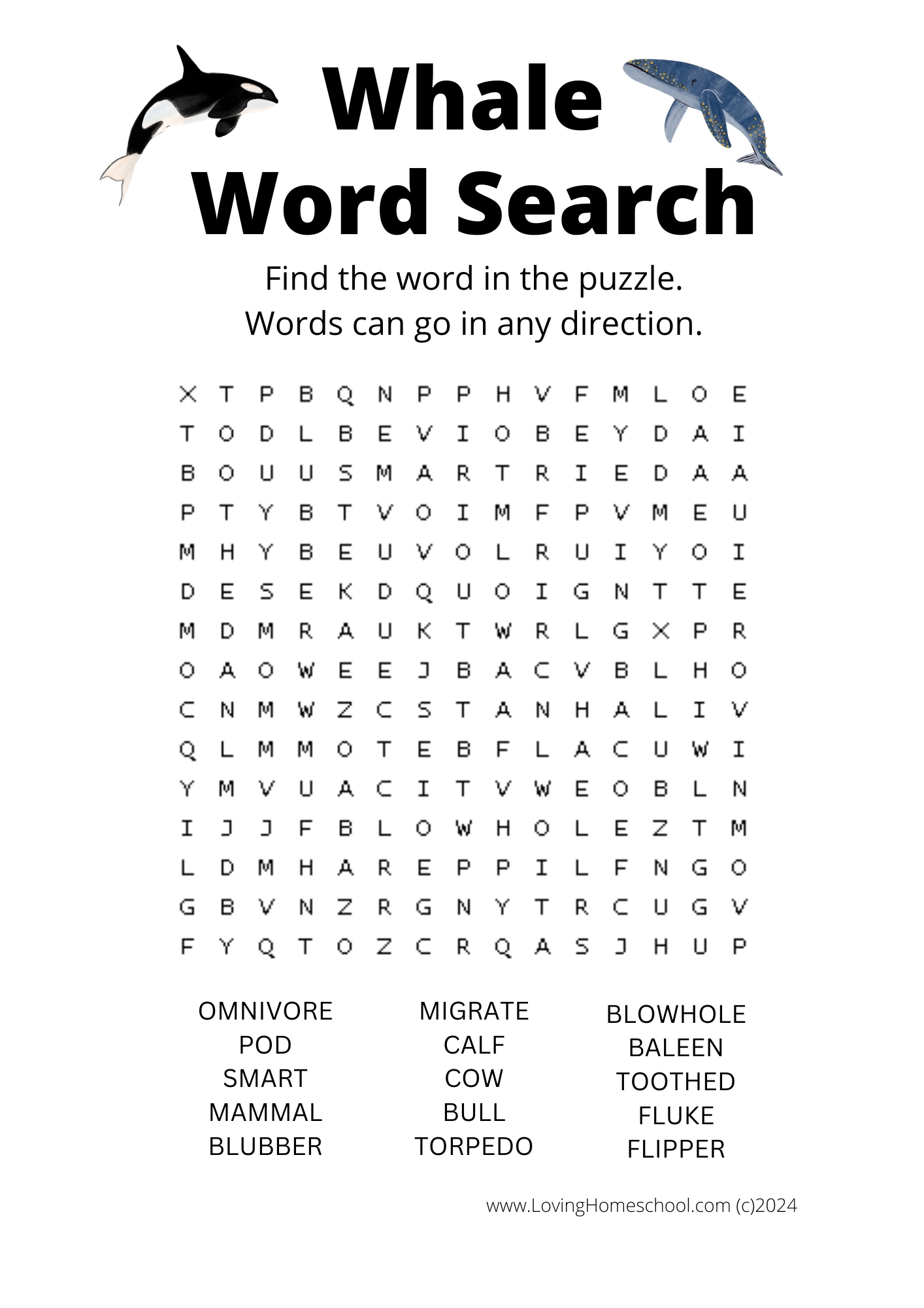 Whale Word Search Printables - LovingHomeschool.com